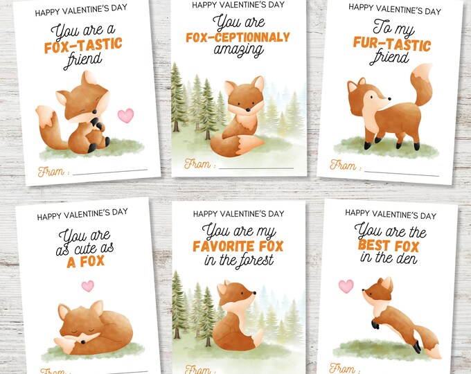 Printable Fox Valentines Card for Kids, Cute Forest Animal Valentines ...