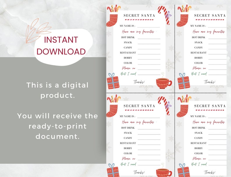 Secret Santa Questionnaire Printable for Coworkers Friends - Etsy
