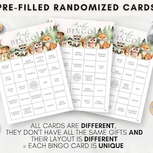 Woodland Baby Shower Bingo Prefilled Cards, Woodland Animals Theme ...