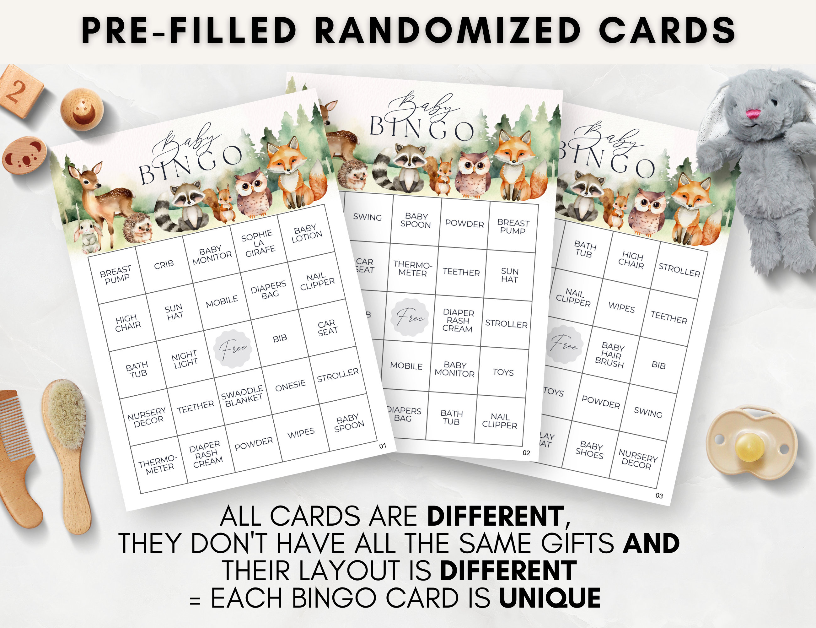 Woodland Baby Shower Bingo Prefilled Cards, Woodland Animals Theme ...