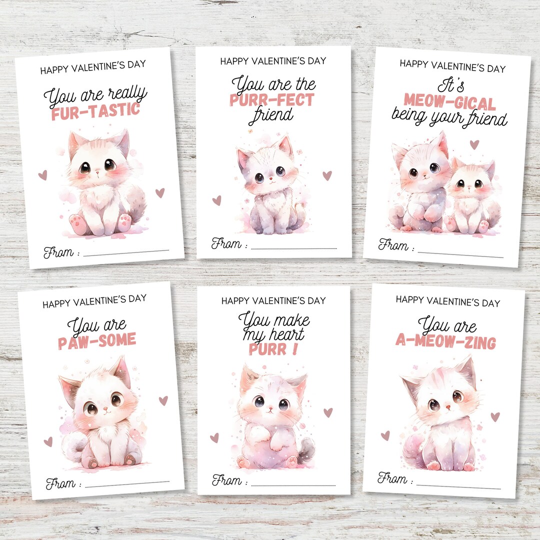 Printable Kitten Valentines Day Cards for Kids, Cute Cat Valentines Day ...