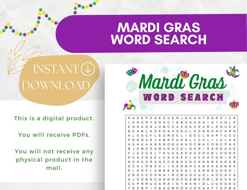 Mardi Gras Word Search Printable for Kidsprintable Mardi Gras - Etsy