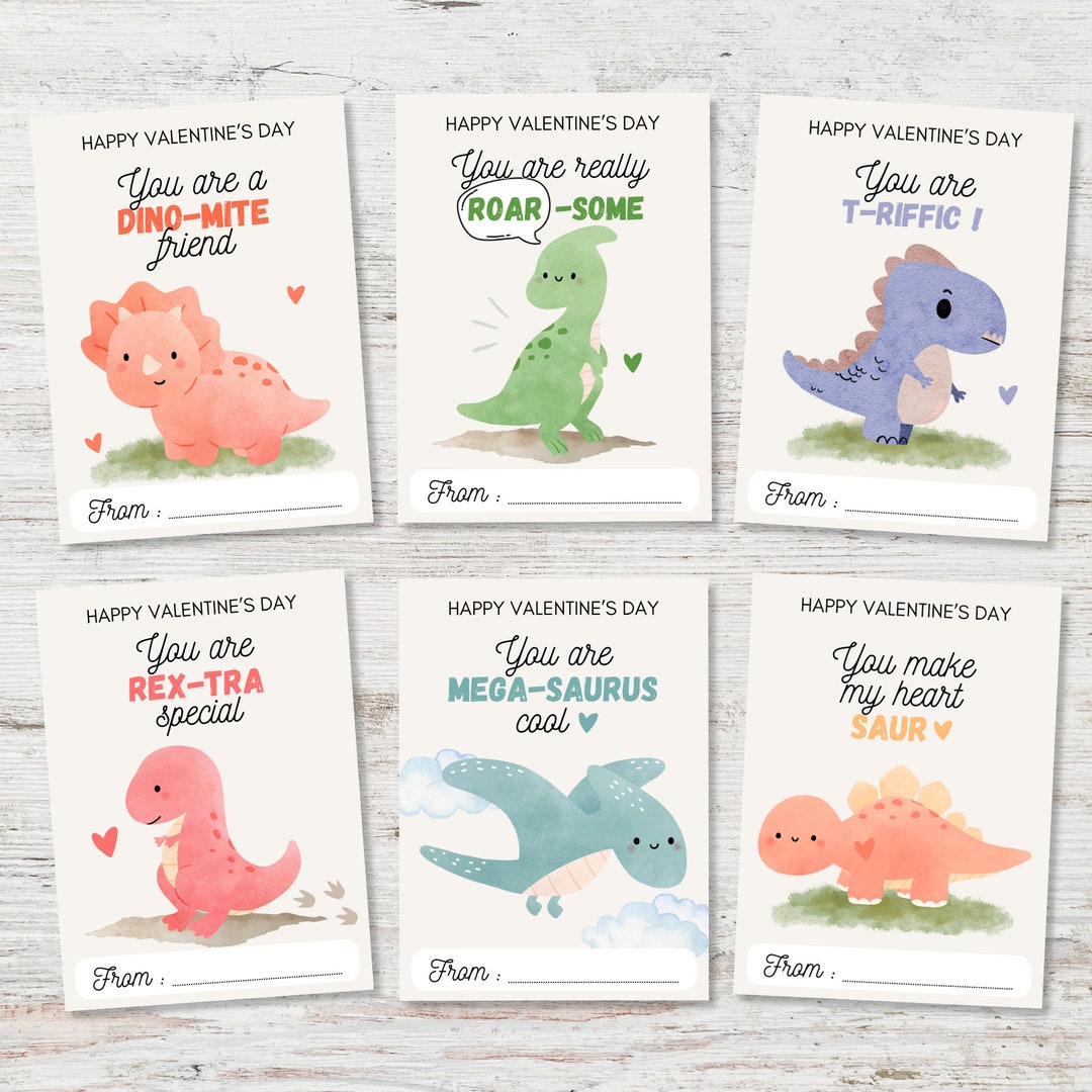 Dinosaur Valentines Day Cards for Kids, 6 Cute Dino Printable ...
