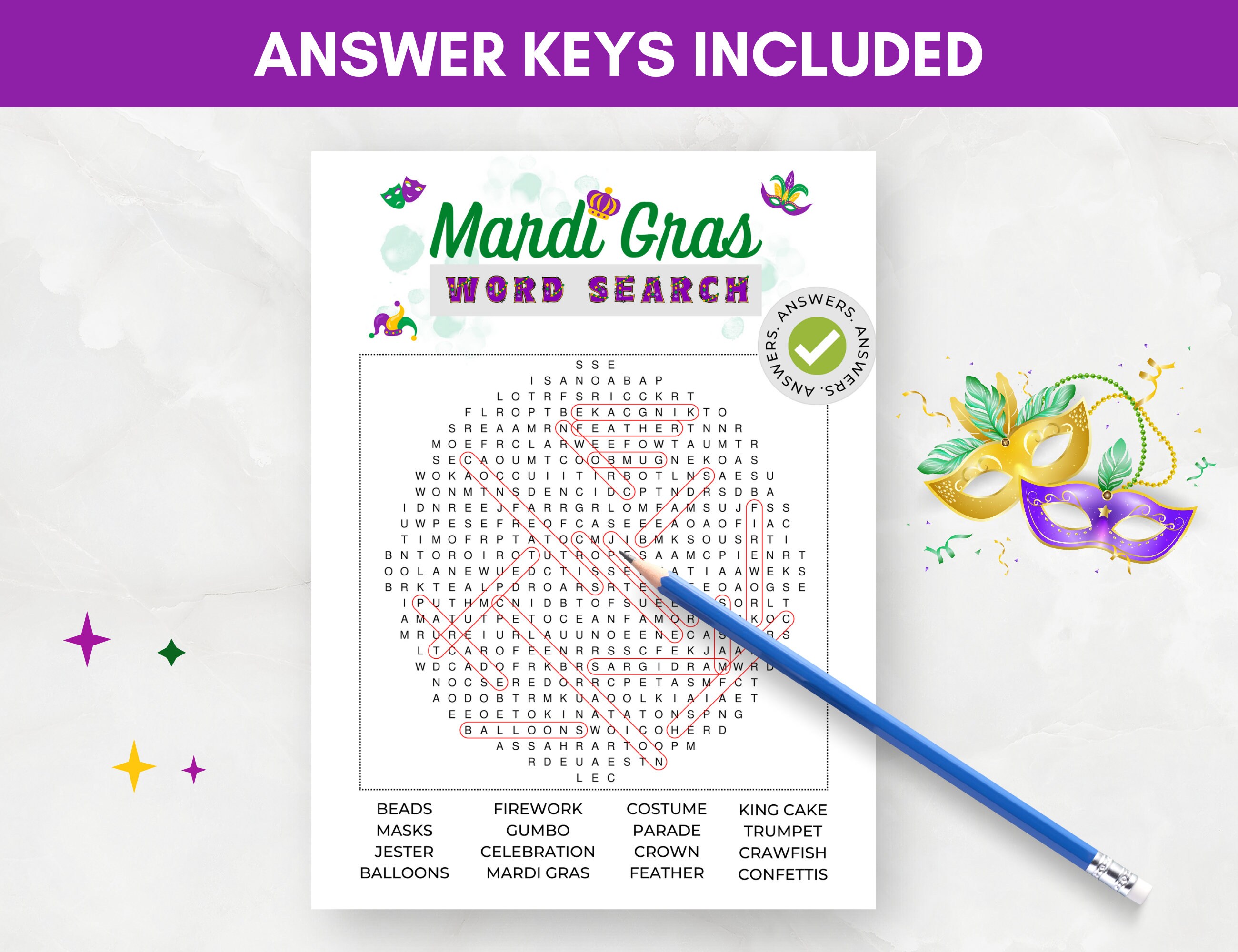 2nd Grade Mardi Gras Word Search Printable for Kids,printable Mardi ...