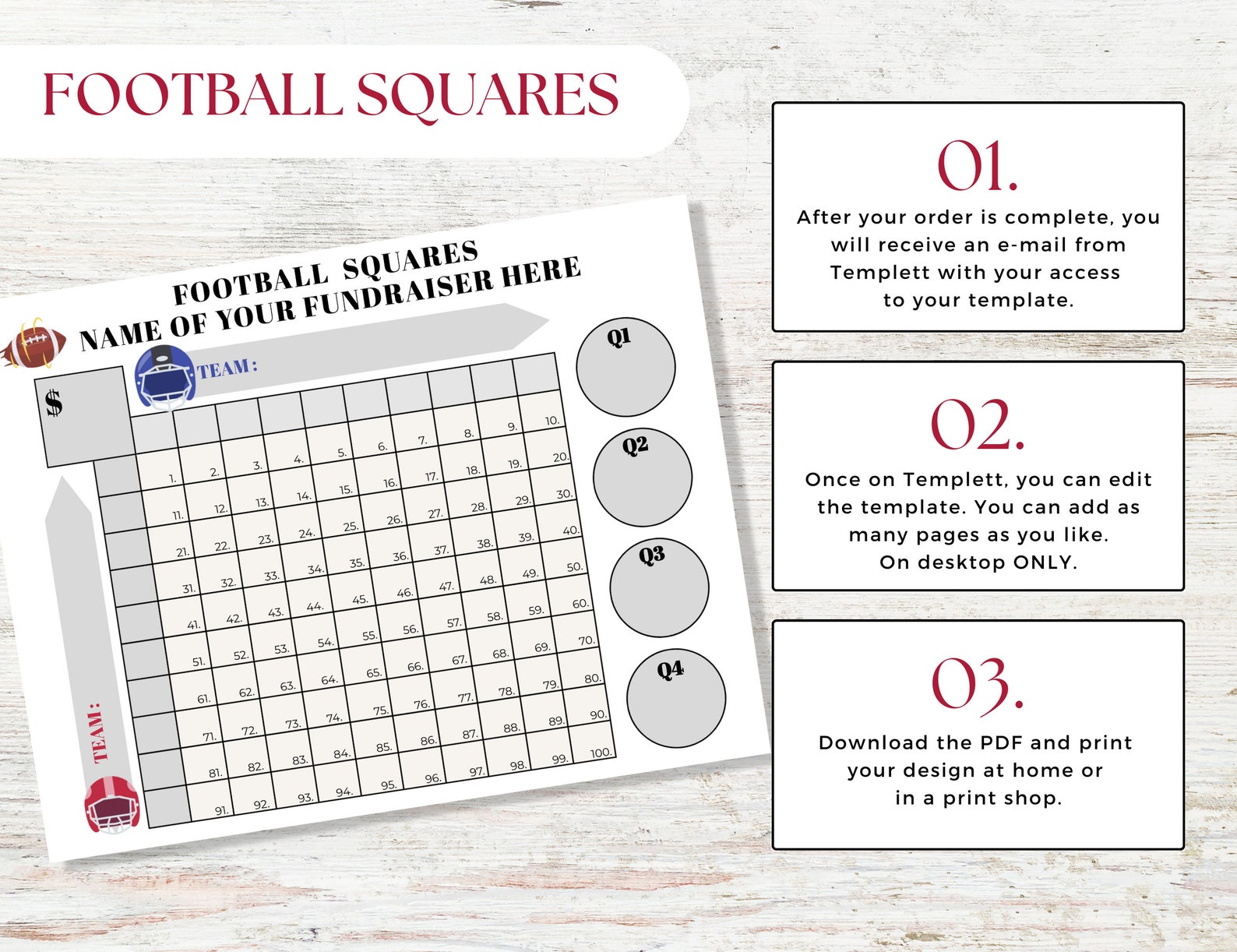 Editable Football Fundraiser Squares, 100 Squares Template, Fundraiser ...