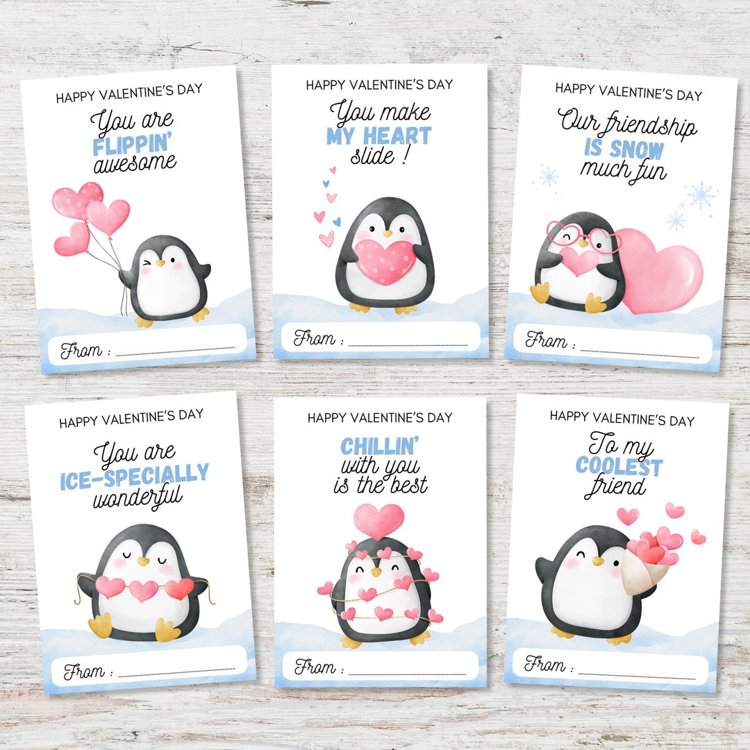 Penguin Valentines Cards for Kids, Cute Printable Preschool Valentines ...