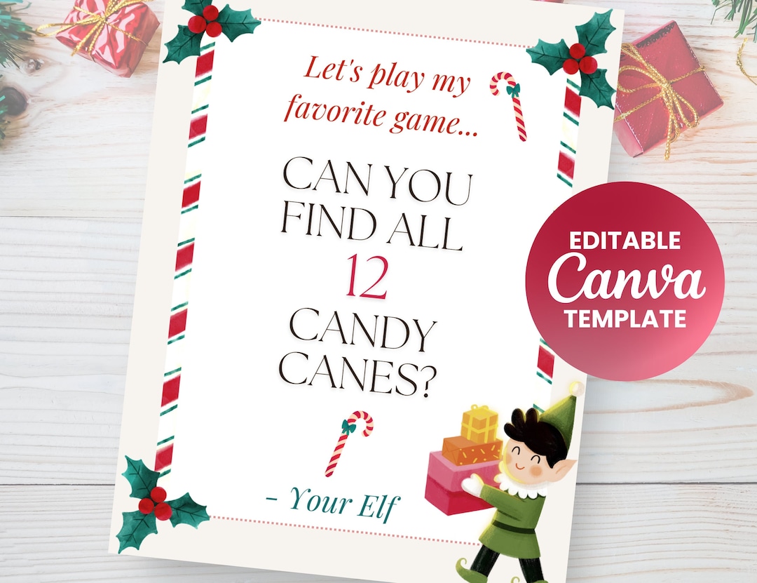 EDITABLE Candy Cane Hunt Elf Game for Kids CANVA TEMPLATE Can You Find ...