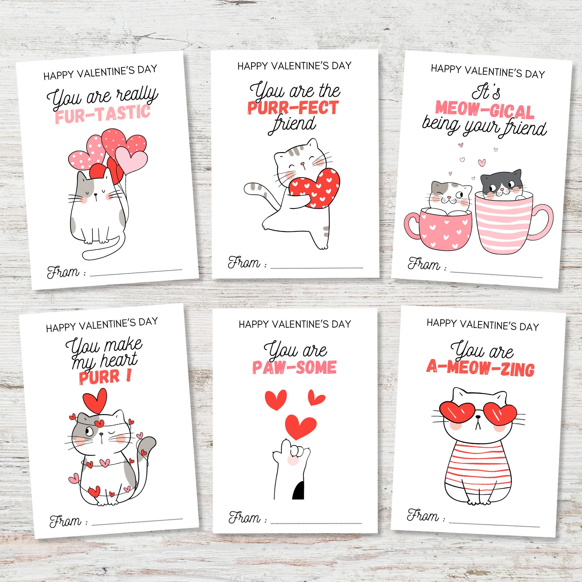 Cat Valentines Day Cards for Kids, 6 Cute Kitty Printable Valentines ...