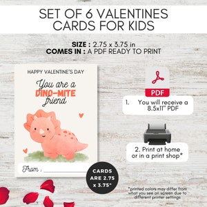 Dinosaur Valentines Day Cards for Kids, 6 Cute Dino Printable ...