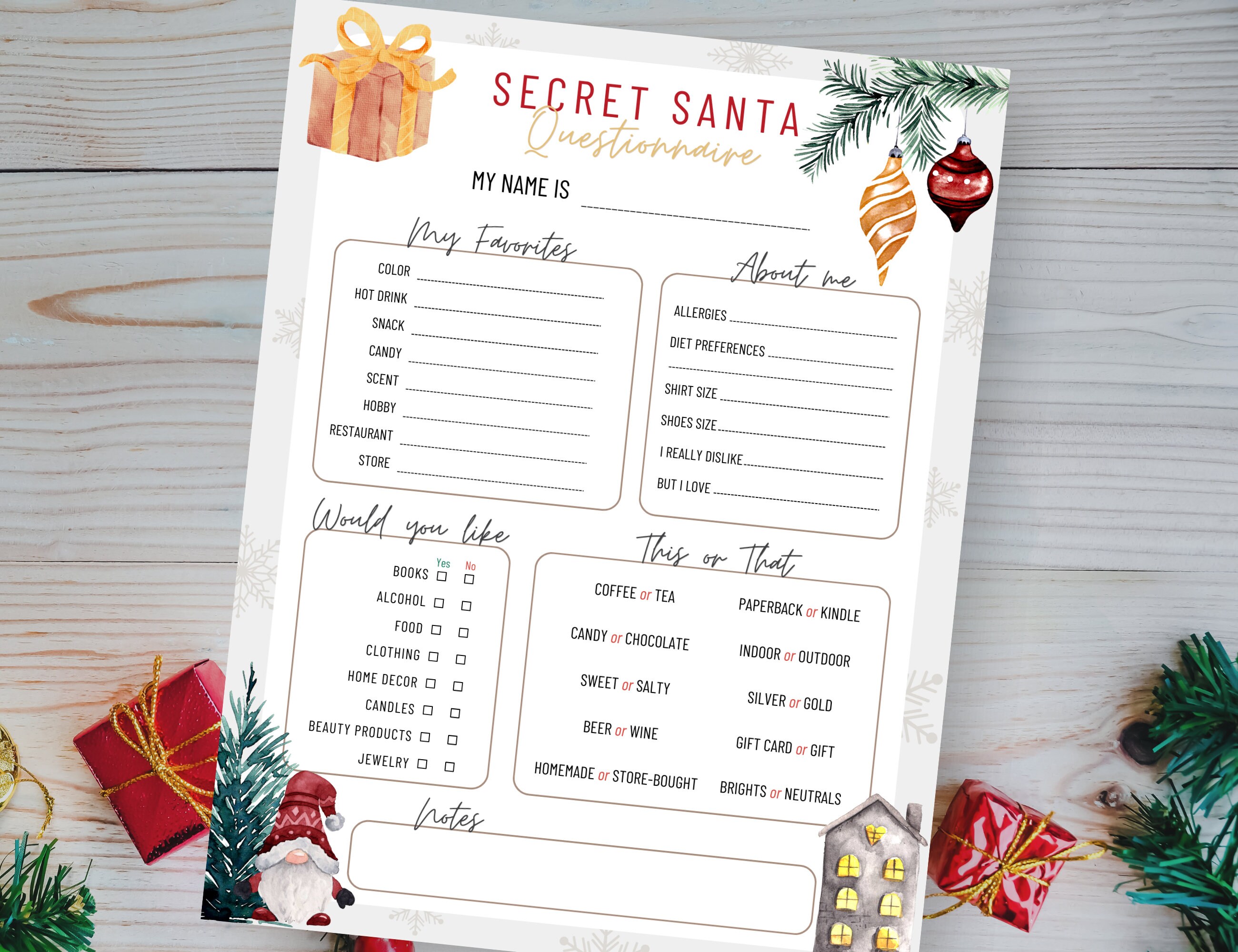 Secret Santa Questionnaire Printable, for Coworkers, Friends, Family or ...
