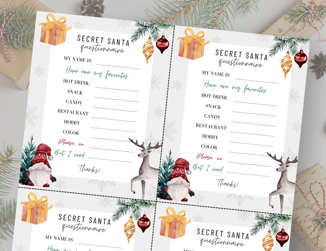 Secret Santa Questionnaire Printable, Secret Santa Form 4 to a Page ...