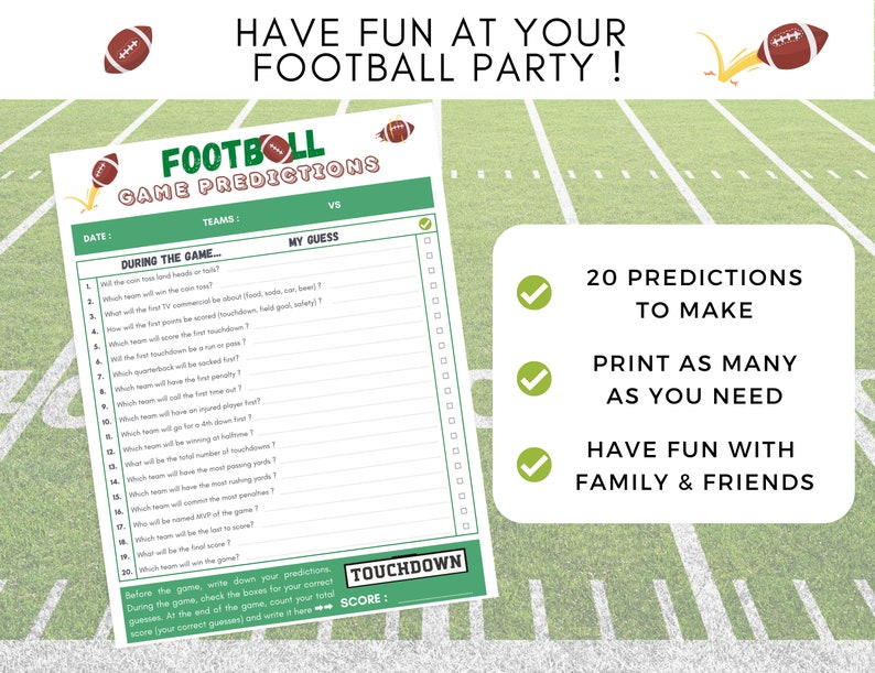 Football Game Predictions, Super Football Party Game, Printable ...