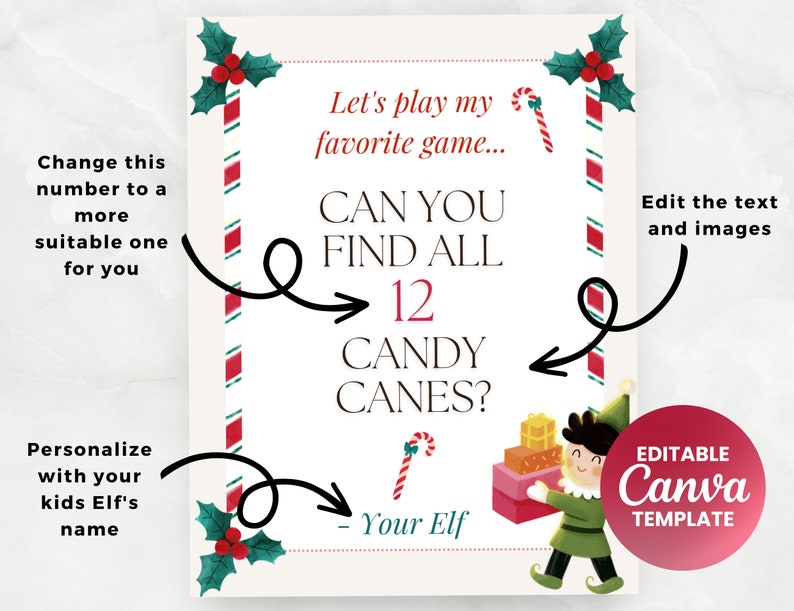 EDITABLE Candy Cane Hunt Elf Game for Kids CANVA TEMPLATE Can You Find ...