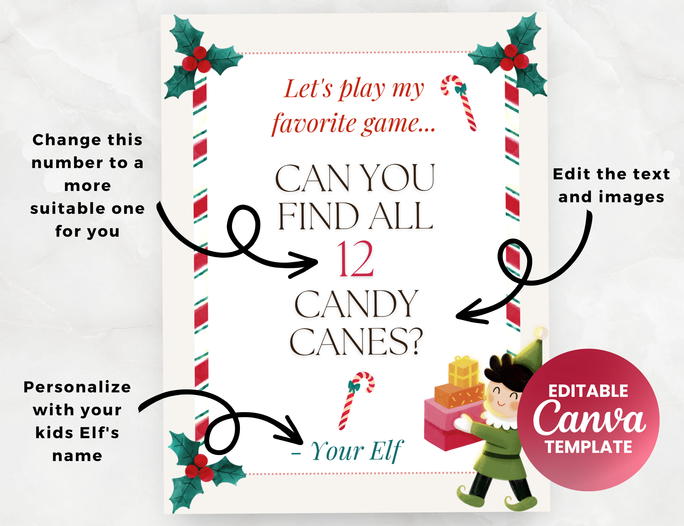 EDITABLE Candy Cane Hunt Elf Game for Kids CANVA TEMPLATE Can You Find ...
