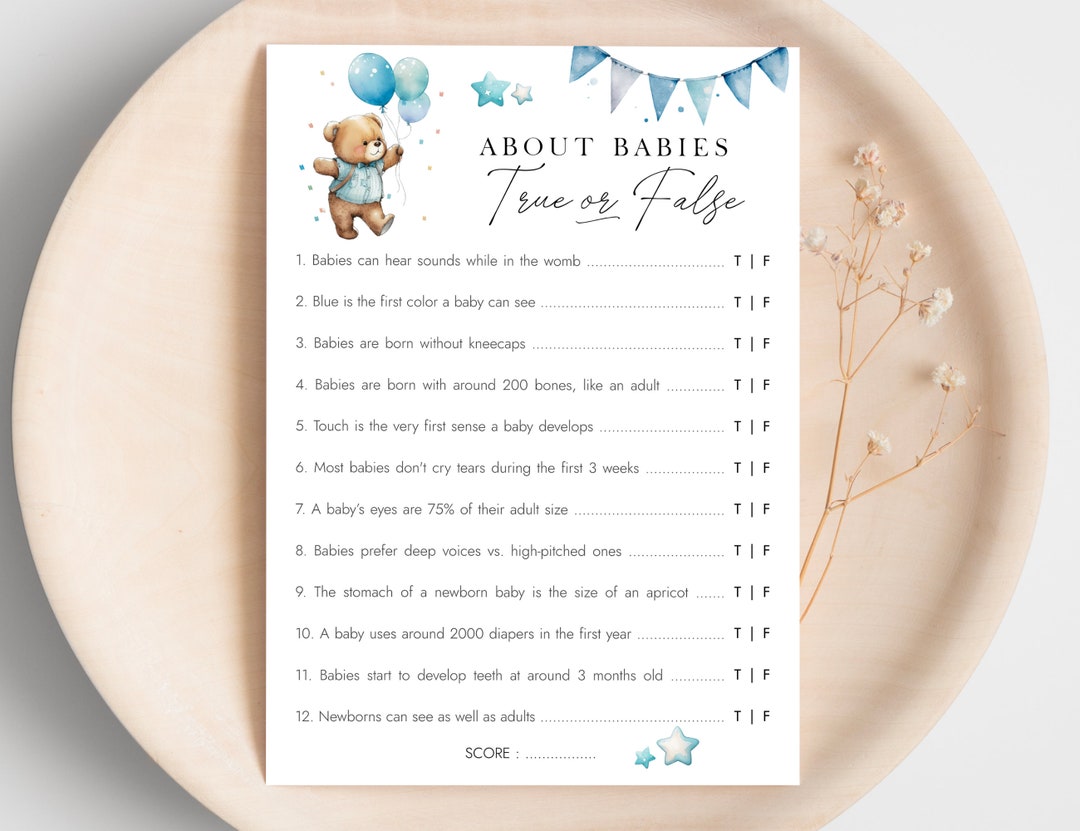 True or False Baby Shower Game Editable,boy Teddy Bear Baby Shower Game ...