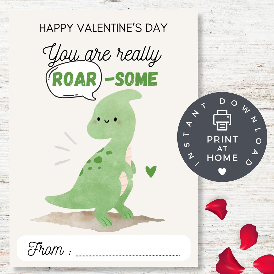 Dinosaur Valentines Day Cards for Kids, Cute Dino Printable Valentines ...