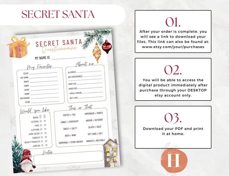 Secret Santa Questionnaire Printable for Coworkers Friends - Etsy