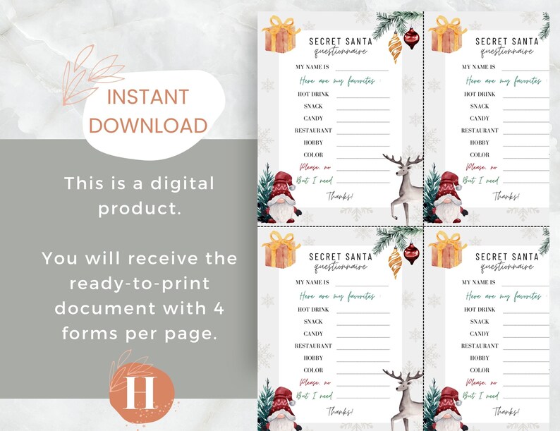 Secret Santa Questionnaire Printable Secret Santa Form 4 to a - Etsy