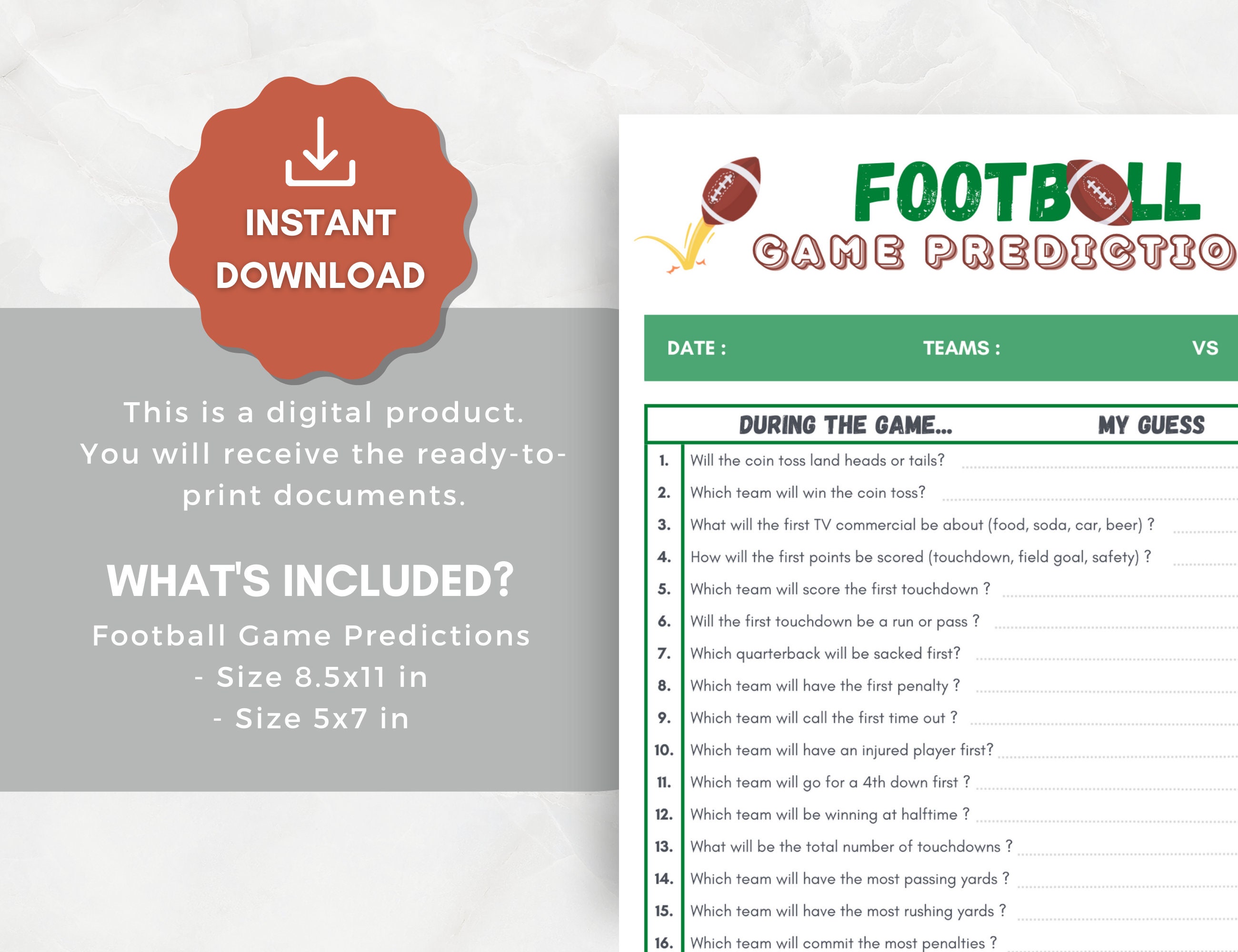 Football Game Predictions, Super Football Party Game, Printable ...