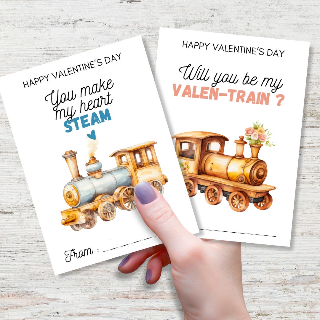 Train Valentines Day Cards for Kids, 6 Cute Train Printable Valentines ...