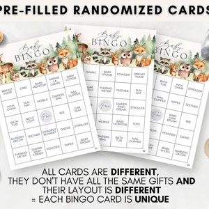 Woodland Baby Shower Bingo Prefilled Cards, Woodland Animals Theme ...