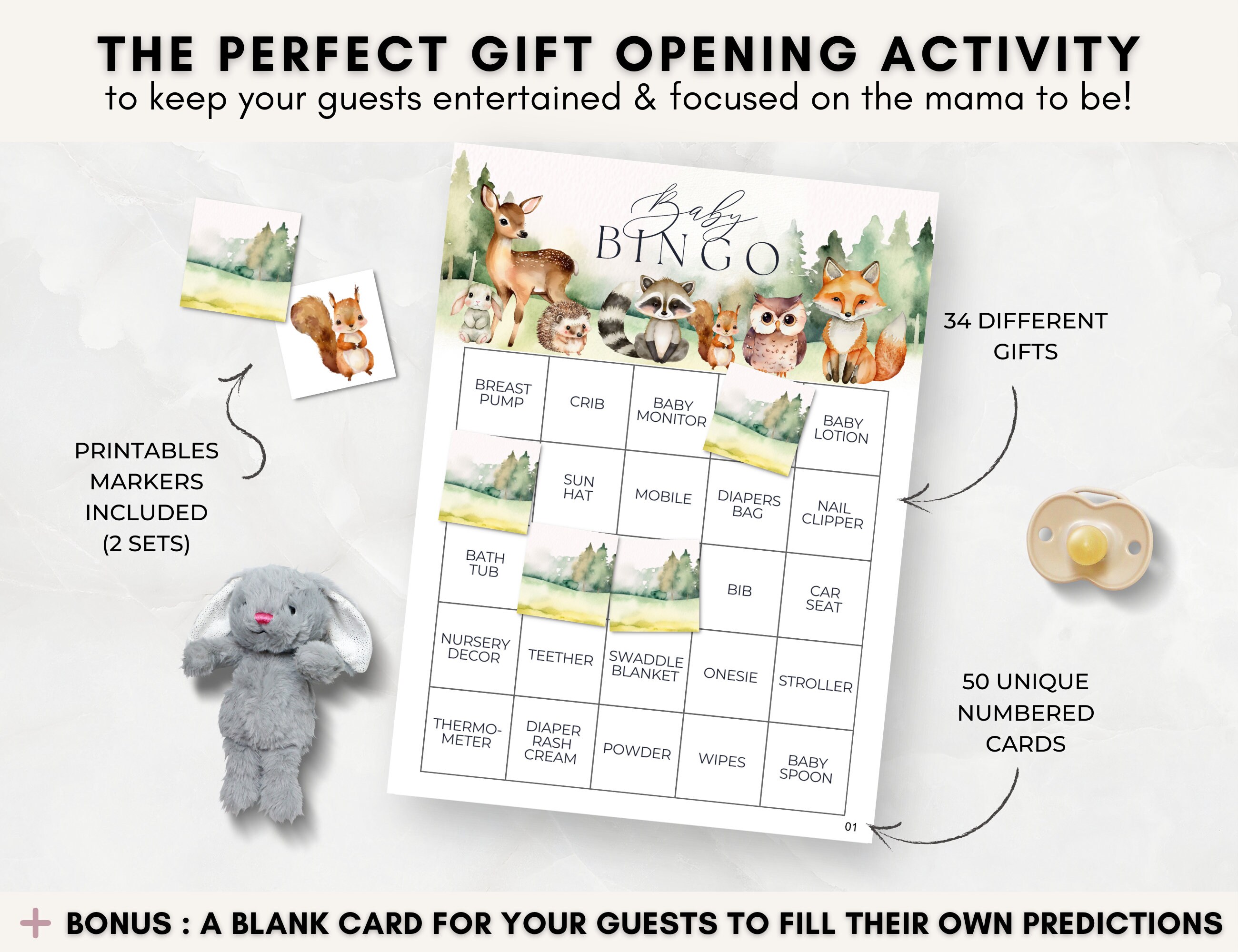 Woodland Baby Shower Bingo Prefilled Cards, Woodland Animals Theme ...