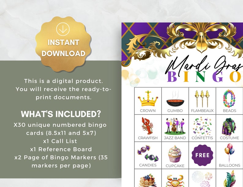 Mardi Gras Bingo Game Mardi Gras Printable Game for Kids and - Etsy