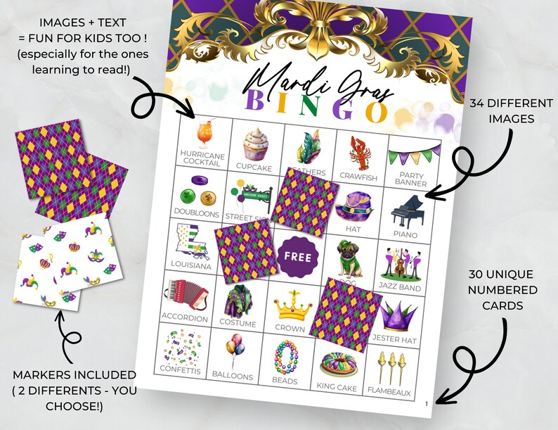 Mardi Gras Bingo Game Mardi Gras Printable Game for Kids and - Etsy