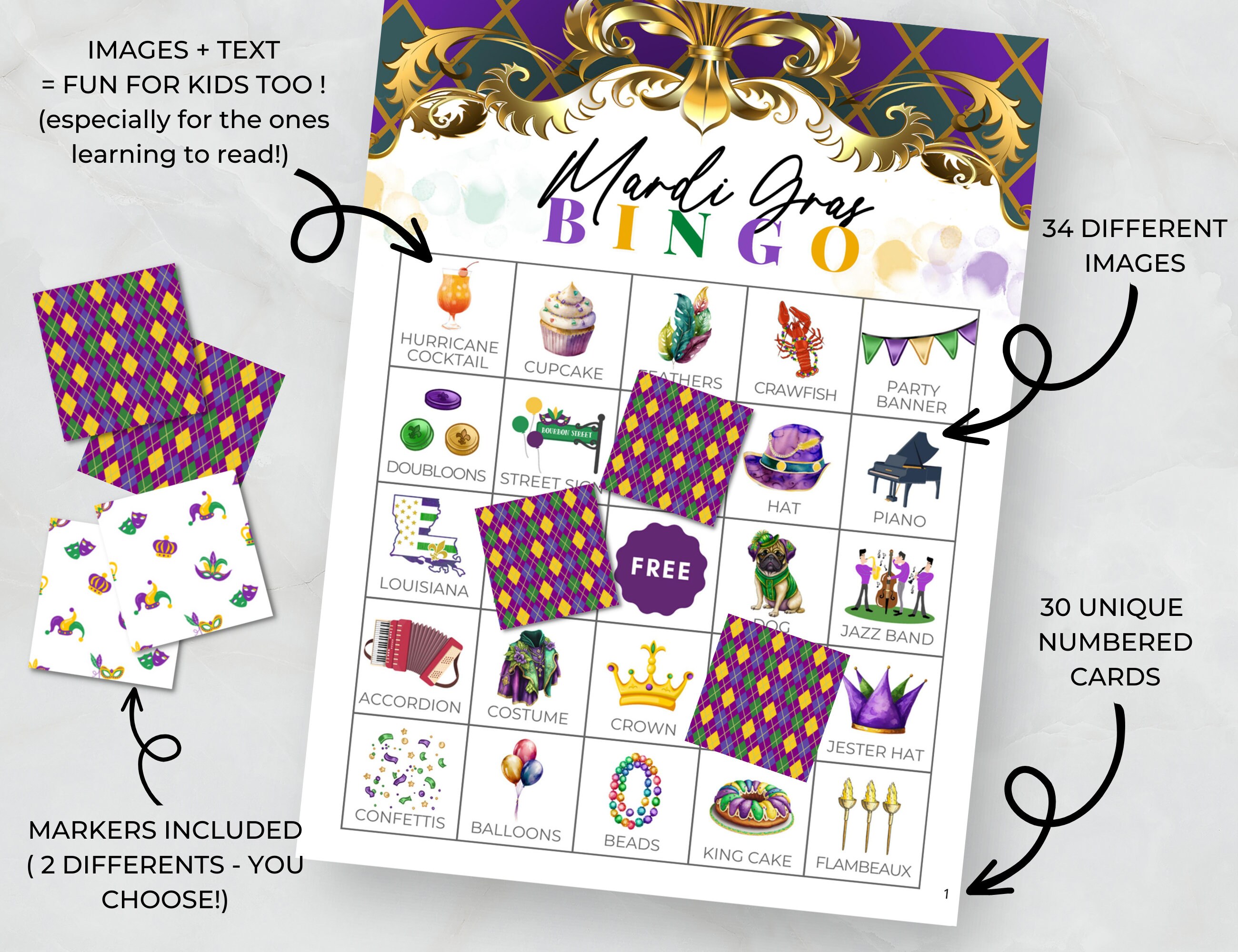 Mardi Gras Bingo Game, Mardi Gras Printable Game for Kids and Family ...