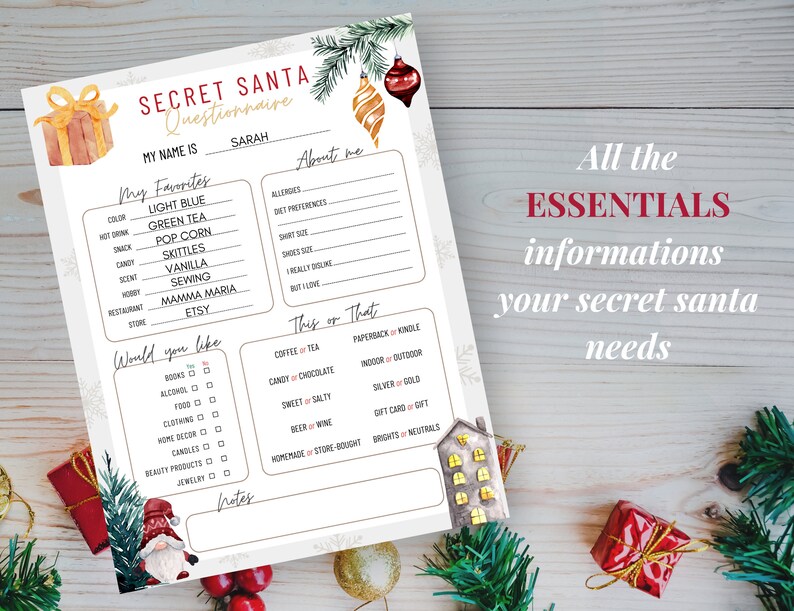 Secret Santa Questionnaire Printable, for Coworkers, Friends, Family or ...