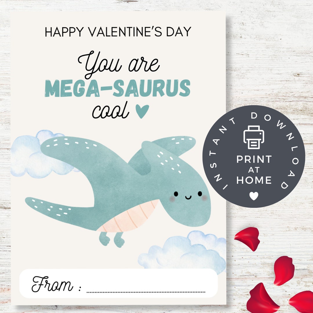 Dinosaur Valentines Day Cards for Kids, Cute Dino Printable Valentines ...