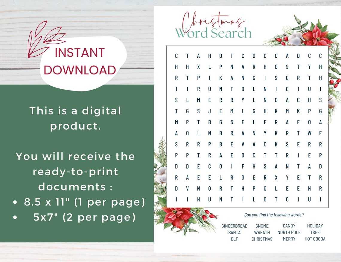 Christmas Word Search Puzzle Printable PDF Easy Christmas - Etsy