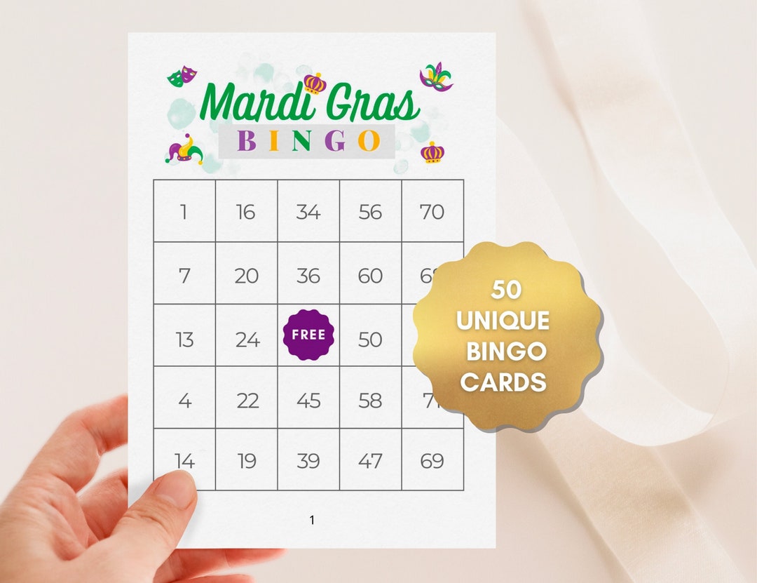 Mardi Gras Bingo Game Cards With Numbers, Mardi Gras Printable Game for ...