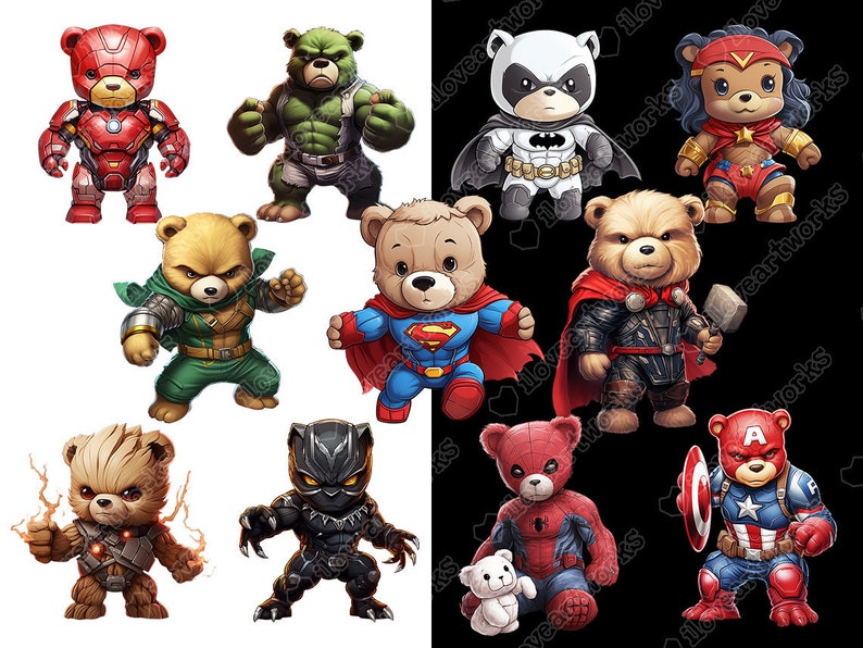 11 Teddy Bundle, Hero Marvel Style, Print File, Png, Sublimation ...