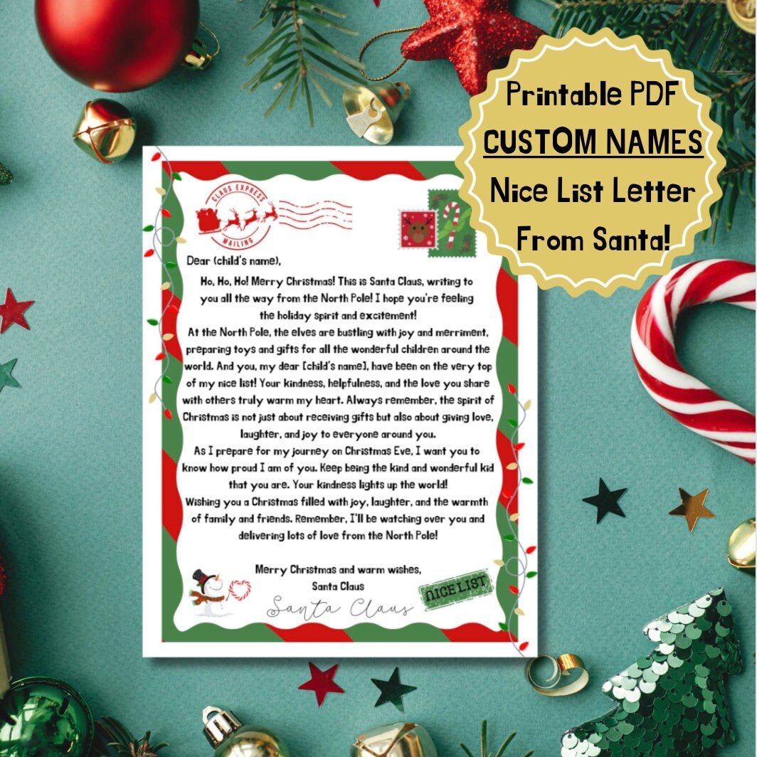 Printable & Personalized NICE List Letter From Santa, PDF File, Digital ...