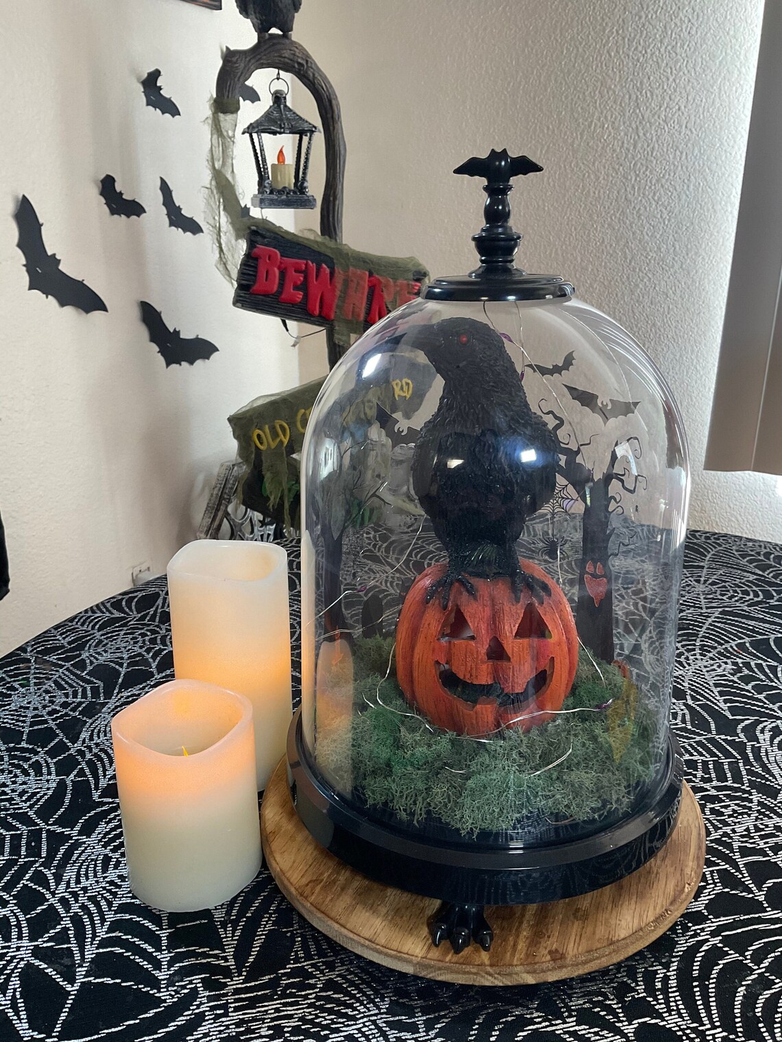Crow on Jack O Lantern With LED Lights in Cloche - Etsy