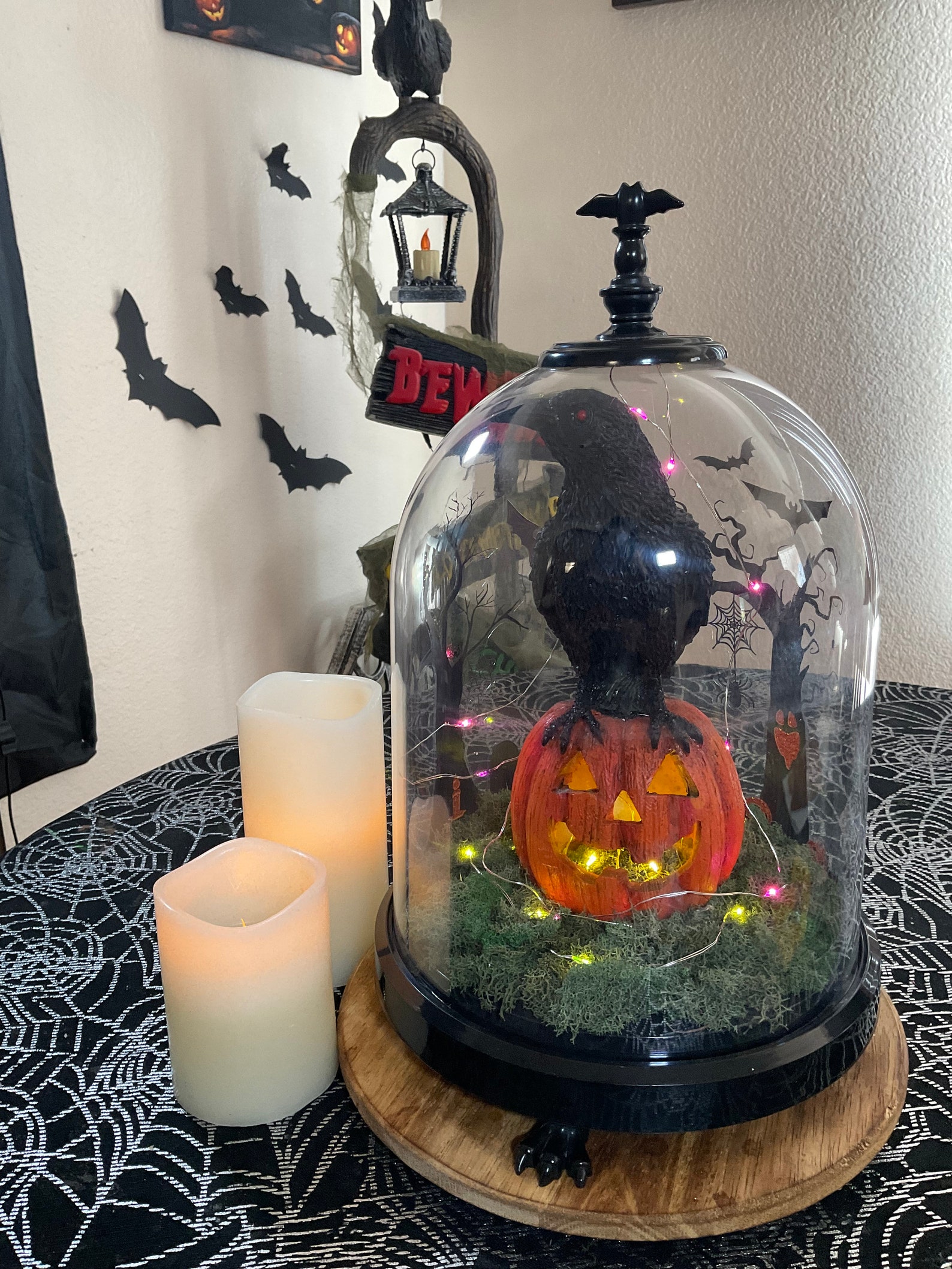 Crow on Jack O Lantern With LED Lights in Cloche - Etsy