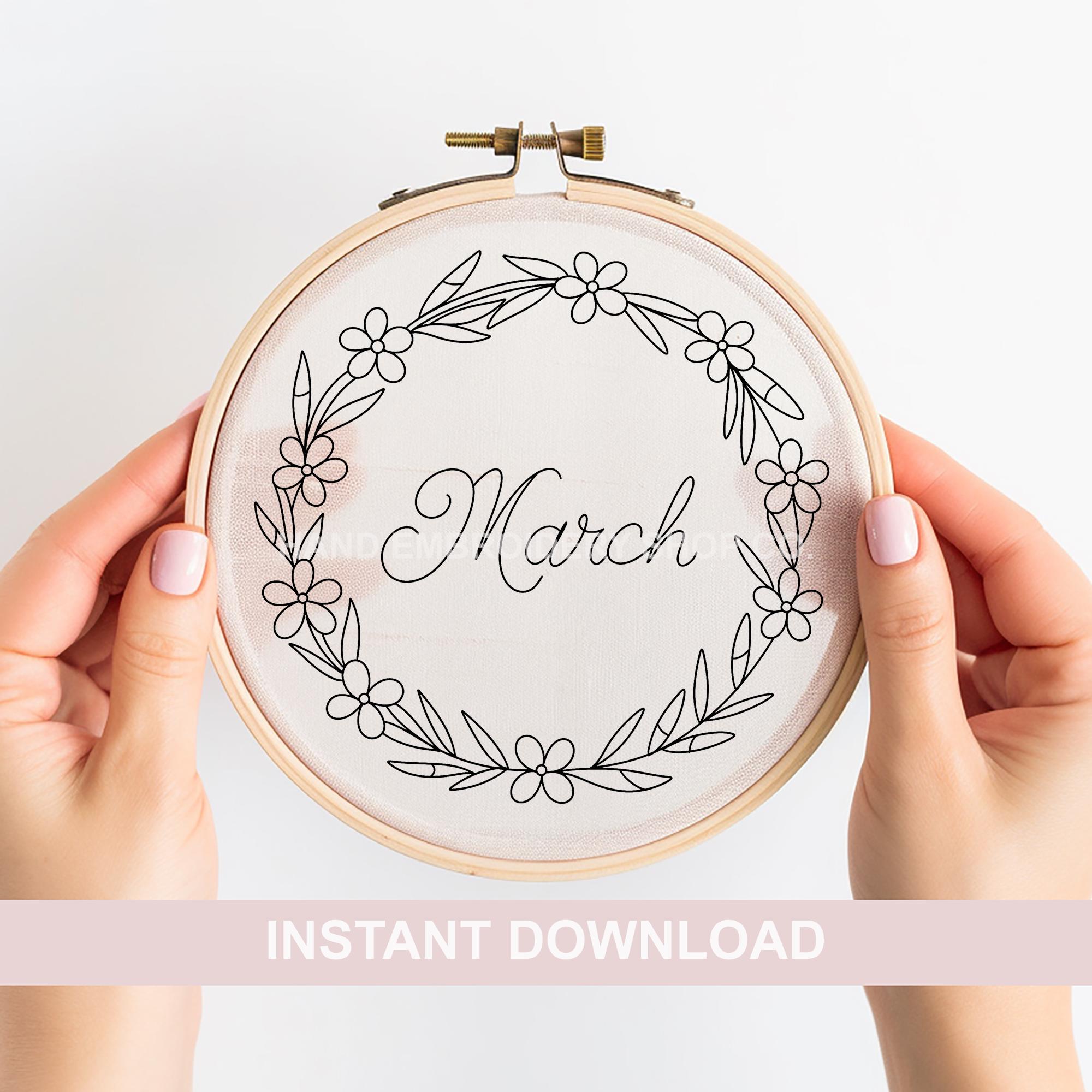 March Floral Wreath Embroidery Pattern: Spring DIY Stitch (digital ...
