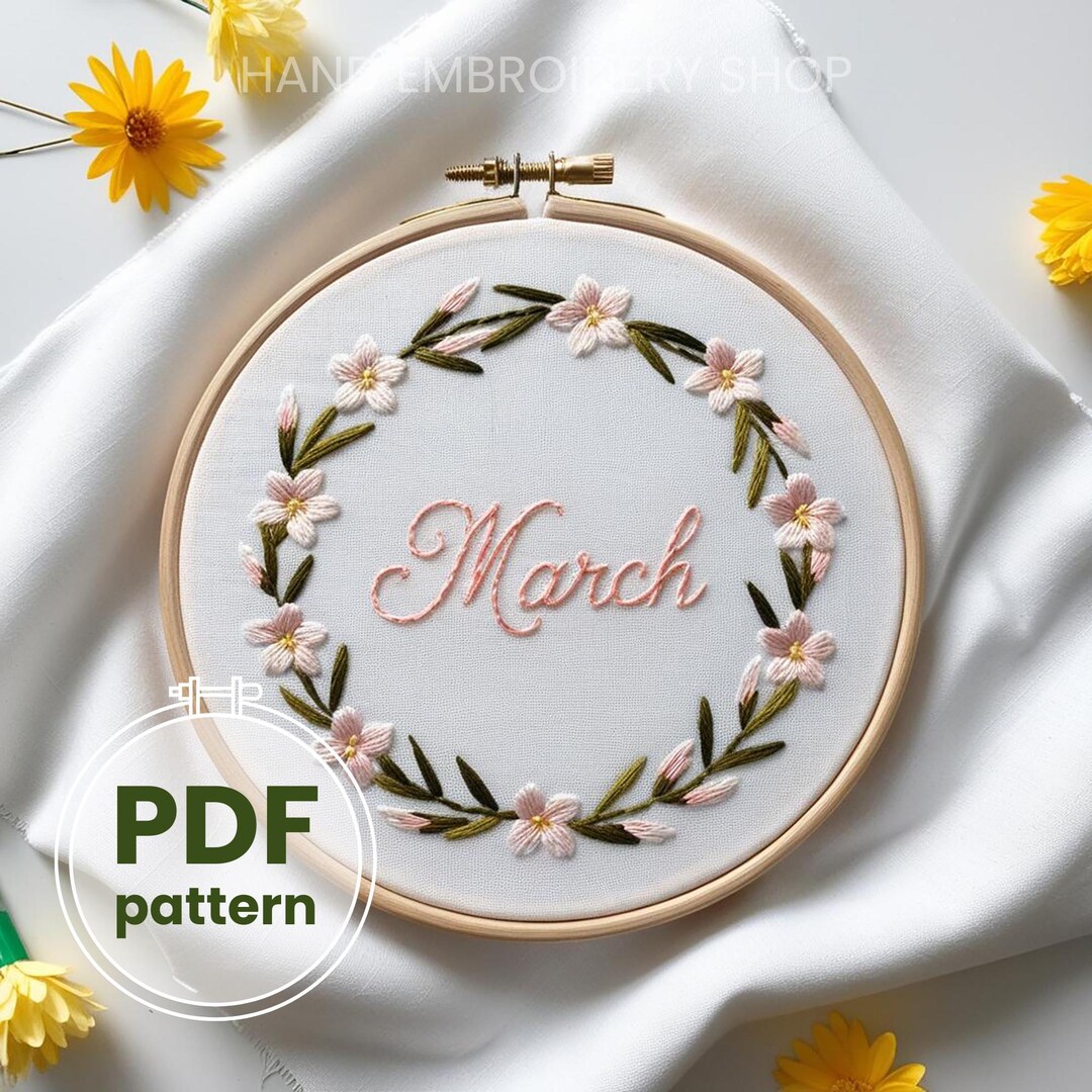 March Floral Wreath Embroidery Pattern: Spring DIY Stitch (digital ...