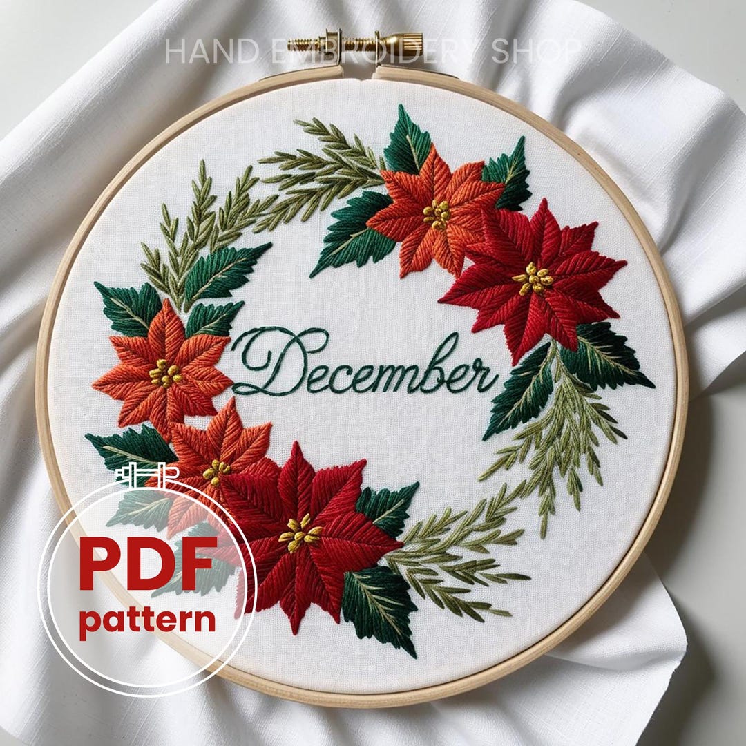 December Wreath Embroidery, Christmas Decor, Floral Design, Hoop Art ...