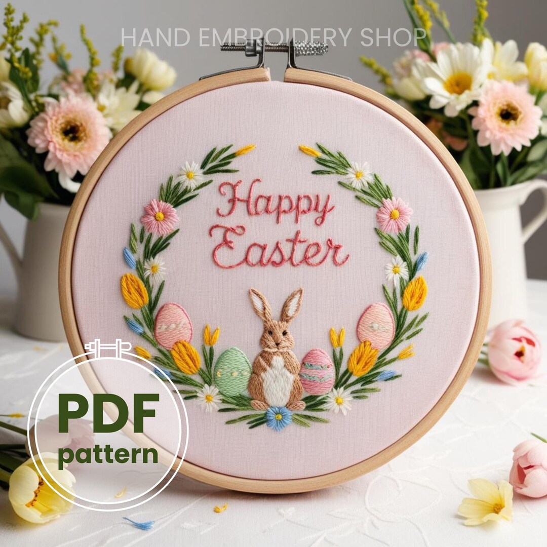 Spring Wreath Hand Embroidery Pattern, Easter Wreath, Floral and Bunny ...