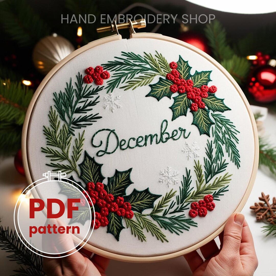 December Wreath Flower Embroidery Pattern Template, Poinsettia ...