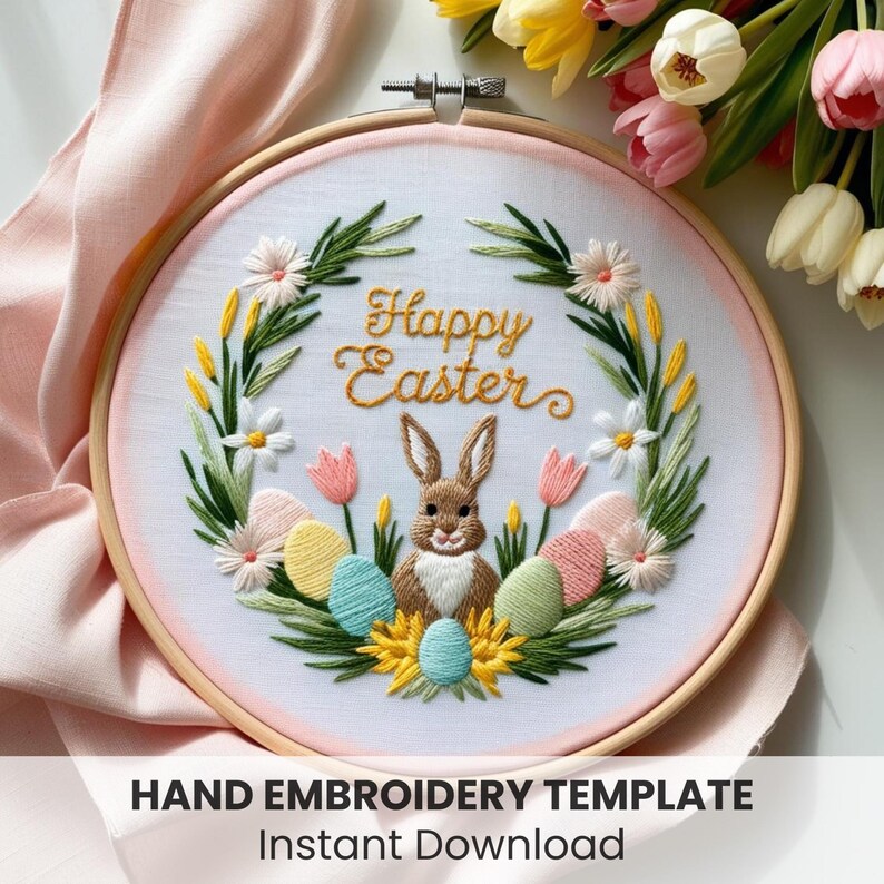 Easter Bunny Embroidery Pattern: Floral Egg Design (PDF Pattern) - Etsy
