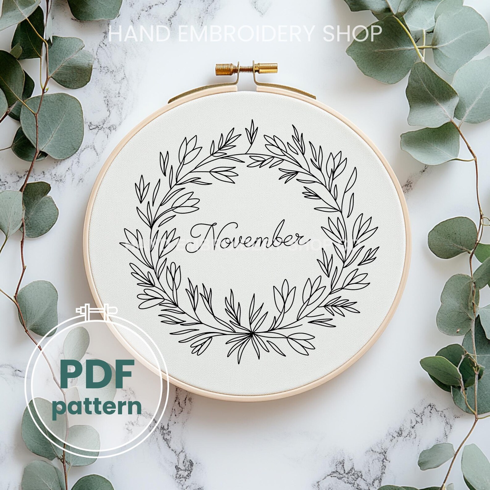 November Floral Wreath Embroidery Pattern: Beginner Template (digital ...