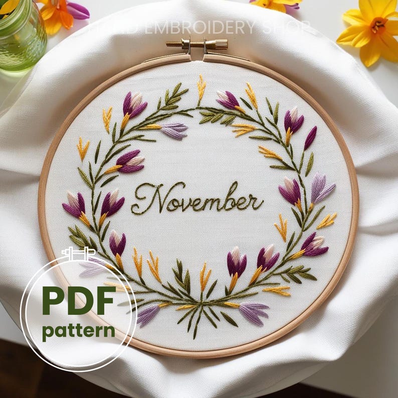 November Floral Wreath Embroidery Pattern: Beginner Template (digital ...