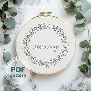 February Embroidery Pattern, Spring Embroidery Template, Love Hearts ...