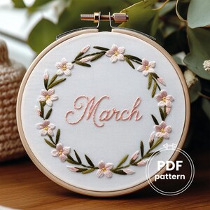 March Floral Wreath Embroidery Pattern: Spring DIY Stitch (digital ...