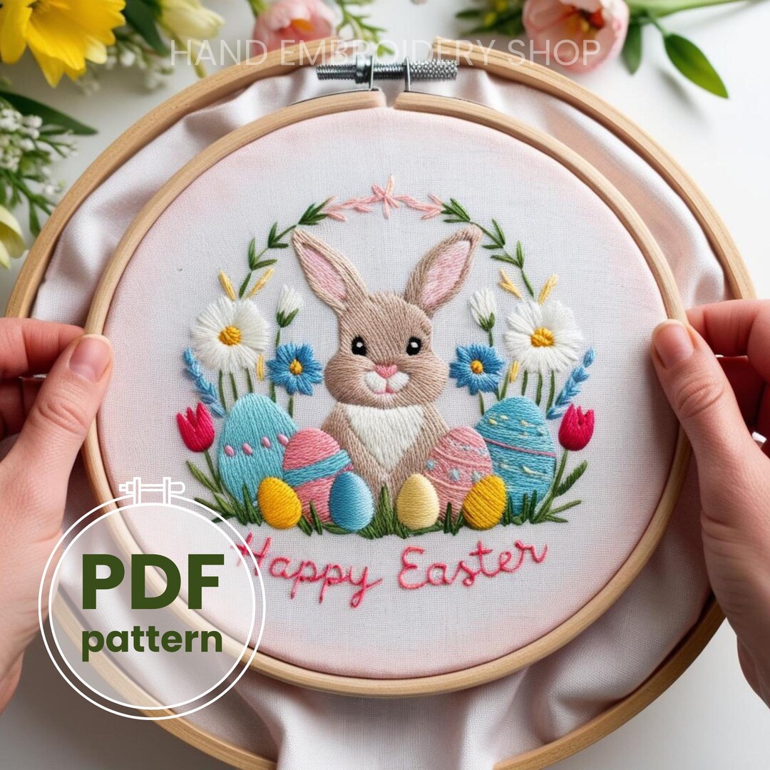Easter Bunny Embroidery Pattern: Floral Hoop Art, Beginner DIY (PDF ...