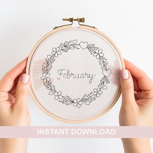 February Embroidery Pattern, Spring Embroidery Template, Love Hearts ...
