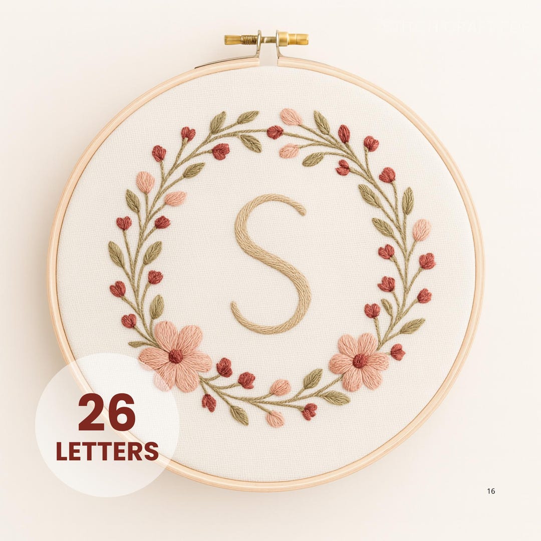 Bud & Leaf Alphabet Embroidery Pattern: DIY Printable Wreath (PDF ...